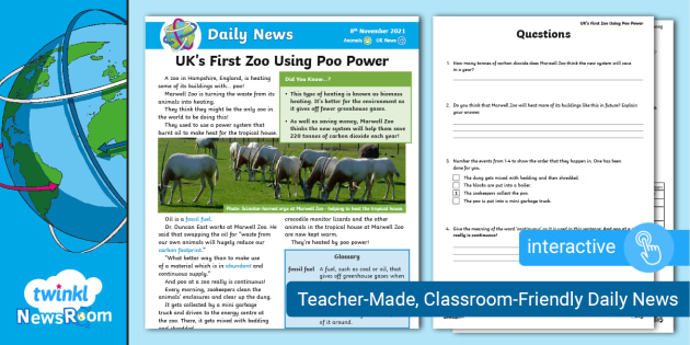 News Story and Questions for Kids 7-9: Zoo Using Poo Power