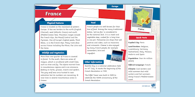 Free Printable Facts About France Geography Worksheet Geography