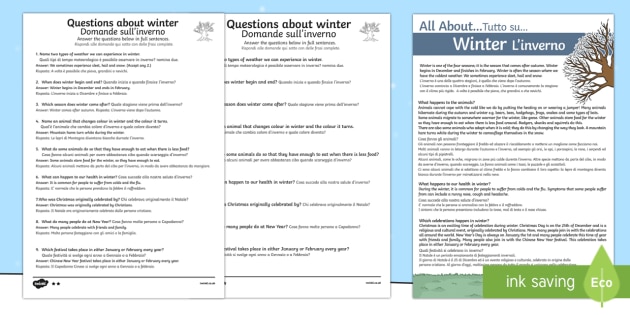 Winter Differentiated Comprehension Worksheet / Worksheet English/Italian