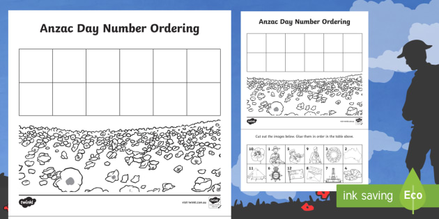 Anzac Day Numbers to 12 Ordering Worksheet (teacher made)