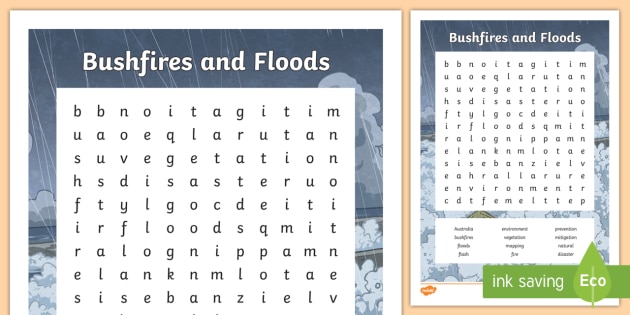 Bushfires and Floods Word Search (teacher made)