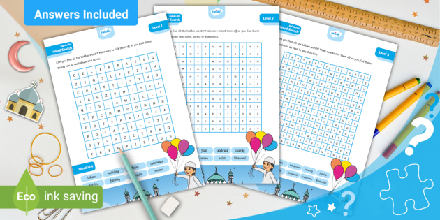 Eid Al-Fitr Kids Wordsearch Pack - All Difficulties - Twinkl