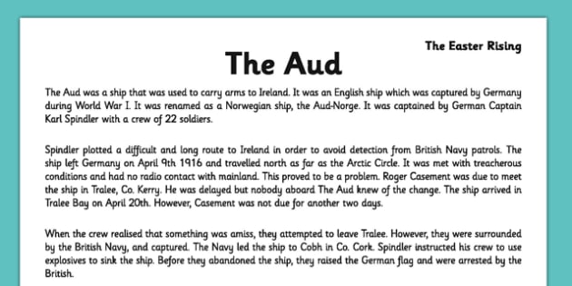 Irish History 1916 Rising The Aud Reading Comprehension Worksheet ...
