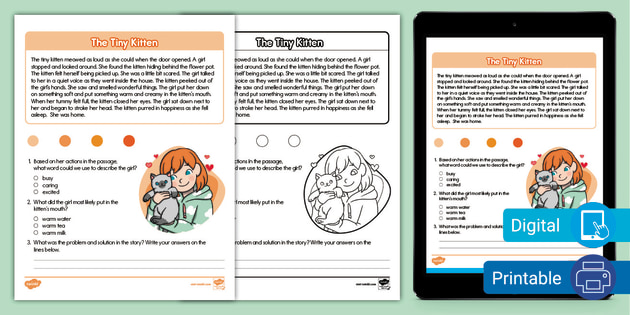 Second Grade The Tiny Kitten Reading Passage Comprehension Activity