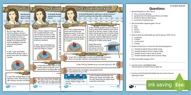 LKS2 Dr Elizabeth Blackwell Reading Comprehension Activity