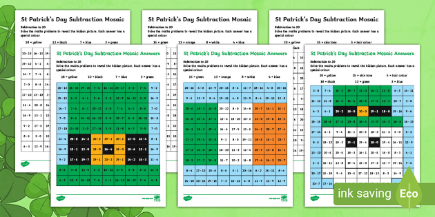 St Patrick's Day | Subtraction Maths Mosaic Worksheets