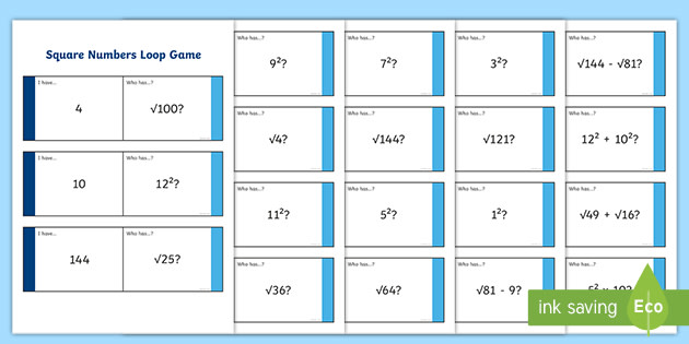 Square Numbers Loop Card Game (teacher made)