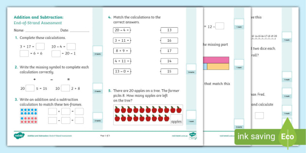 Year 1 Addition and Subtraction End-of-Semester Assessment