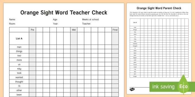 Orange Reading Sight Words Checklist (teacher made)