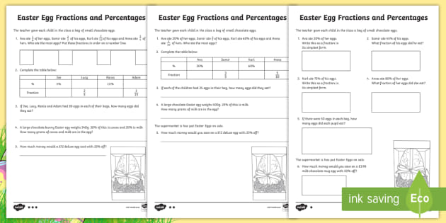 Easter Eggs Fractions and Percentages Differentiated Worksheets