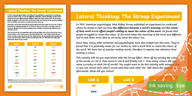 Lateral Thinking: The Stroop Experiment (teacher made)
