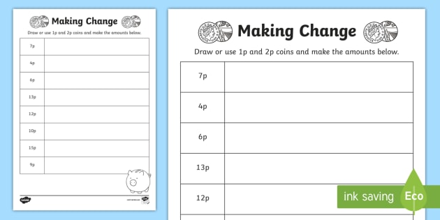 Making Change: 1p and 2p Coins Worksheet / Worksheet