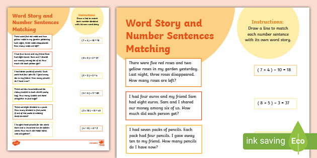 Word Story and Number Sentences Matching Cards