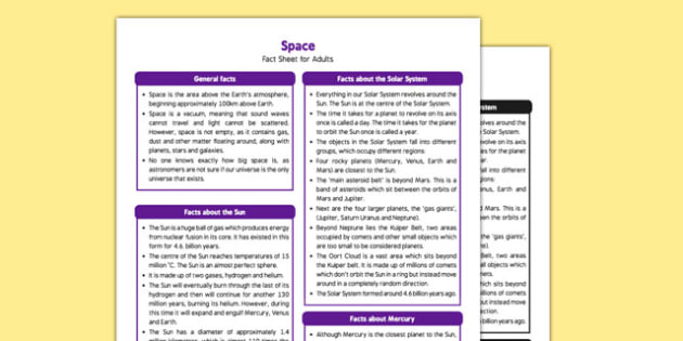 Space Fact Sheet for Adults