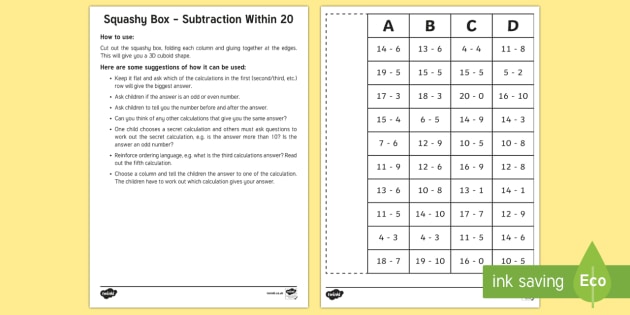 Squashy Boxes Subtraction Within 20 Craft - Mental Maths Warm Up + Revision
