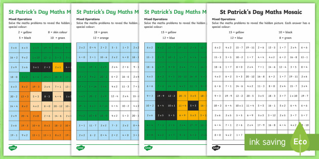 St Patrick's Day Mixed Operation Maths Mosaic Worksheets