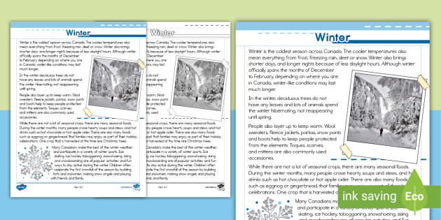 The Season of Winter in Canada Primary Fact File