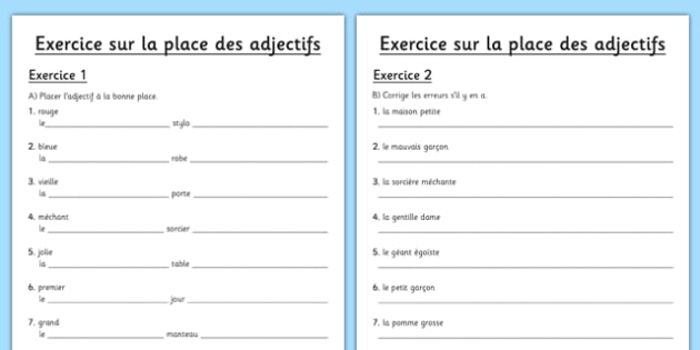 La place des adjectifs Worksheet / Worksheet French