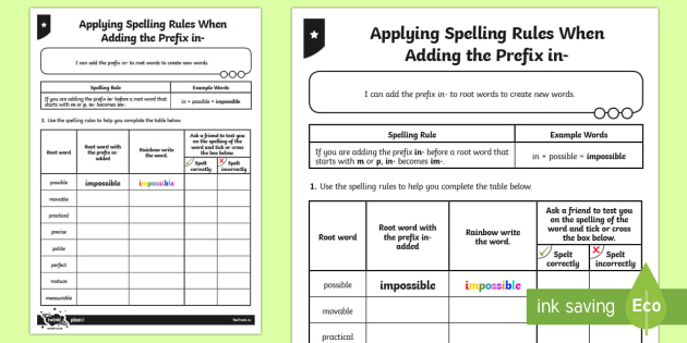 Applying Spelling Rules When Adding the Prefix in- Differentiated Activity