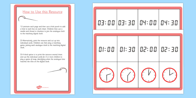 O' Clock and Half Past Digital Analogue Matching Threading Cards ...