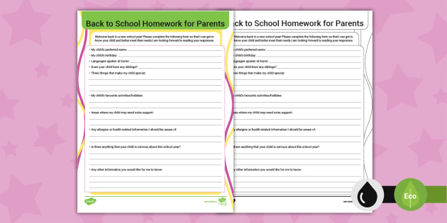 Back to School Homework for Parents (teacher made)