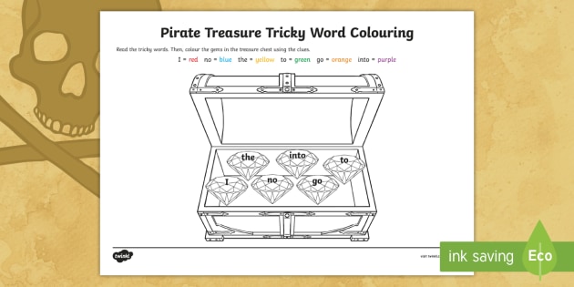 Pirate Treasure Phase 2 Tricky Words Colouring Worksheet