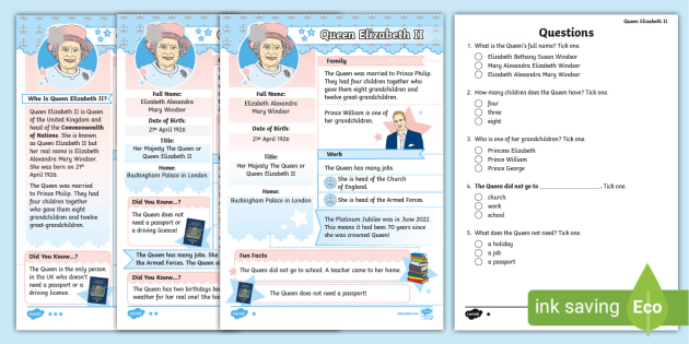 KS1 Queen Elizabeth II Differentiated Reading Comprehension Activity