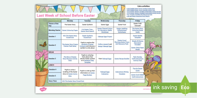 Last Week of Term Easter Activity Timetable (teacher made)