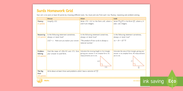 KS4 Surds Mastery Homework Grid (teacher made)