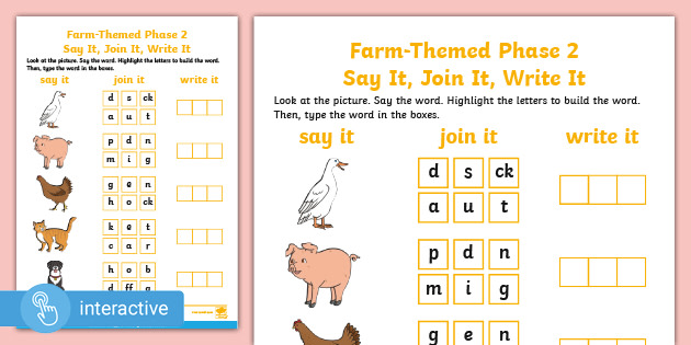 Interactive PDF: Farm-Themed Phase 2 Say It, Join It, Write It Activity