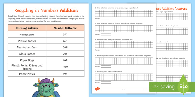Recycling in Numbers: Addition Worksheet (teacher made)