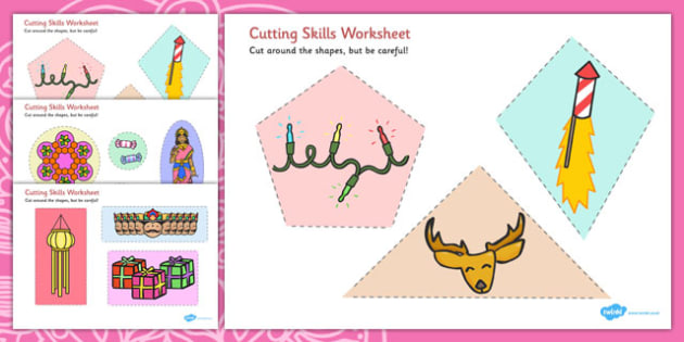 Diwali Cutting Skills Worksheet - fine motor skills, hinduism