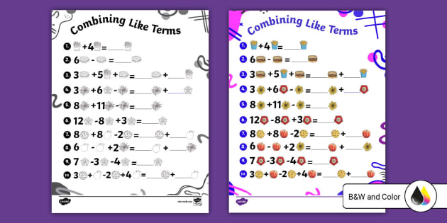 Combine Like Terms Worksheets