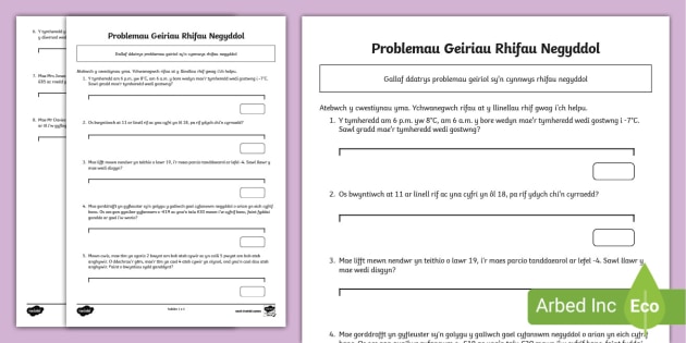 Taflen Weithgaredd Problemau Geiriau Rhifau Negyddol