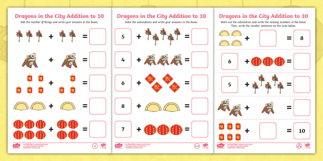 Chinese New Year Addition to 10 Worksheet (teacher made)