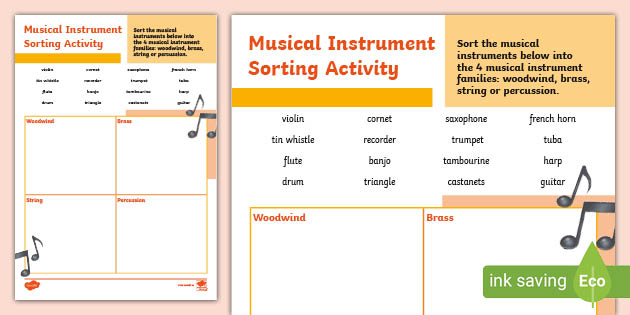 Music Instrument Families Sorting Worksheet