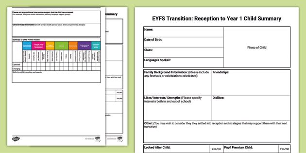 EYFS Transition Reception to Year 1 Child Summary Sheet
