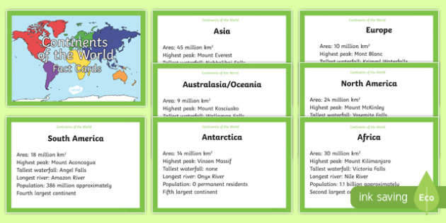 Continents of the World Fact Cards - continents, world, fact