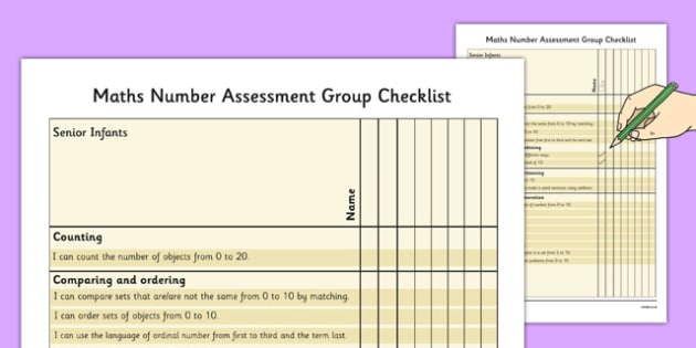1999 Curriculum Senior Infants Maths Number Assessment Group Checklist
