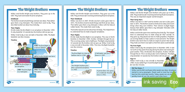 The Wright Brothers Differentiated Reading Comprehension Activity Ages 5-7