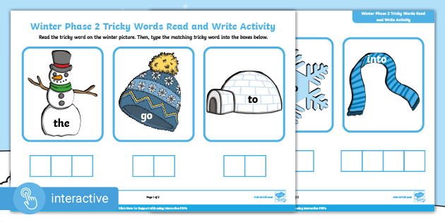 Interactive PDF: Winter-Themed Phase 2 Tricky Words Read and Write Activity
