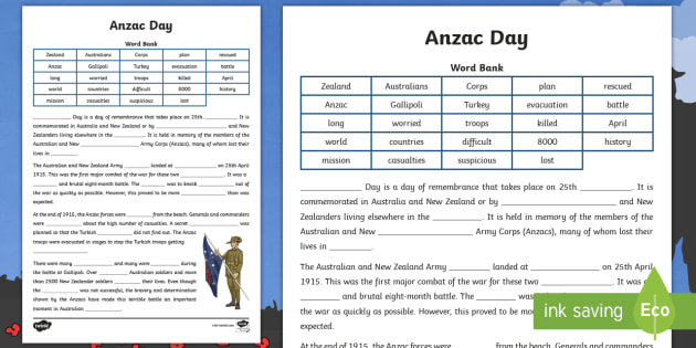 * NEW * Anzac Day Cloze Activity Sheet - comprehension, reading