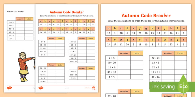 KS1 Autumn-Themed Code Breaker Worksheet (teacher made)