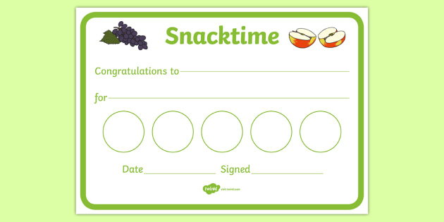 Snacktime Themed Sticker Reward Certificate - Lunchtime Themed Sticker ...