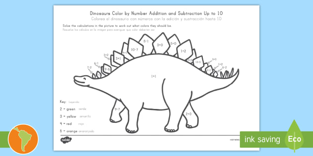 Dinosaurs Color by Number Addition and Subtraction Up to 10 - English ...