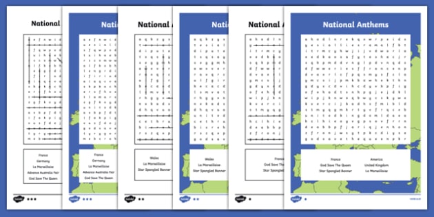 National Anthems Word Search (teacher made)