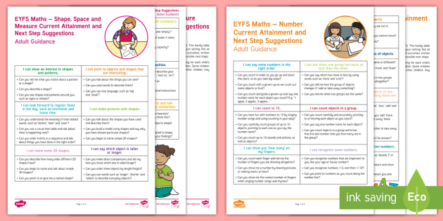 EYFS Maths Current Attainment and Next Step Suggestions Adult Guidance Pack