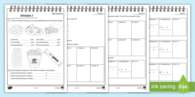 Maths Homework Division 1 3rd/4th Class (teacher made)
