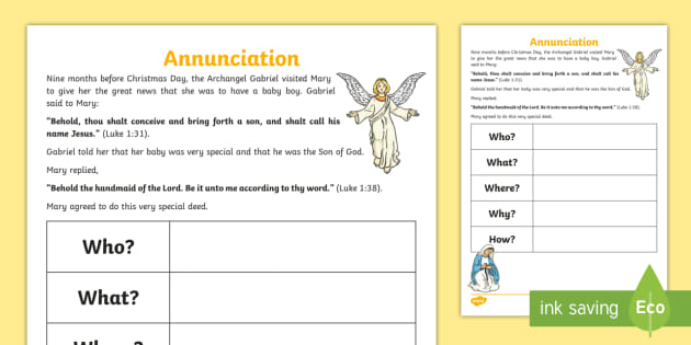 Annunciation 5Ws Worksheet (teacher made)