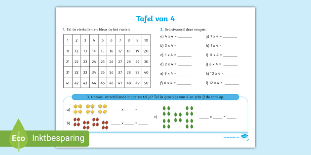 Afdrukbaar Werkblad met de Tafel van Vier | Basisonderwijs